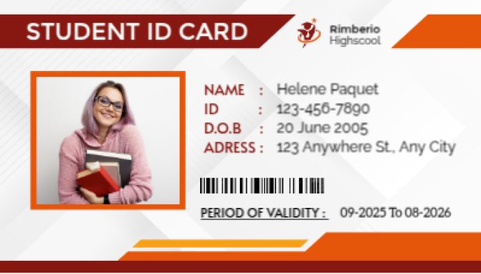 White And Orange Modern Highschool Id Card Template | PosterMyWall