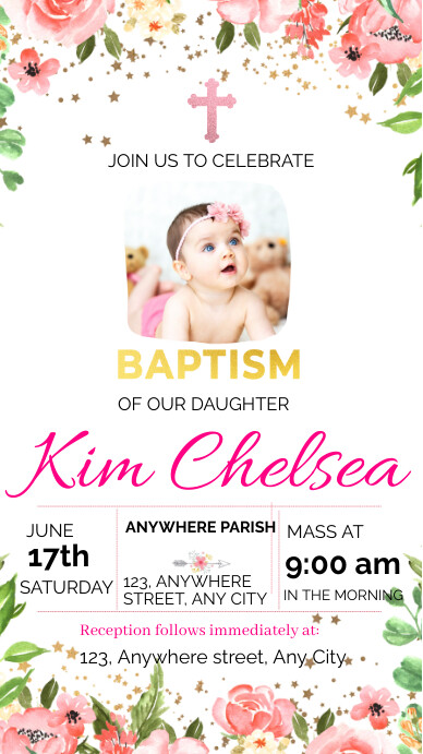 White and Pink Floral Christening Invitation Template | PosterMyWall