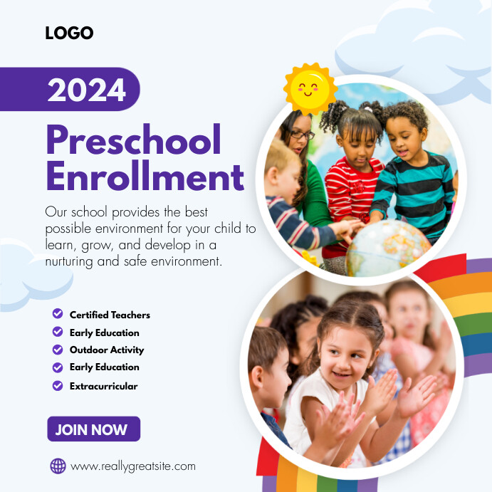 White and Purple Playful Preschool Enrollment Templat | PosterMyWall
