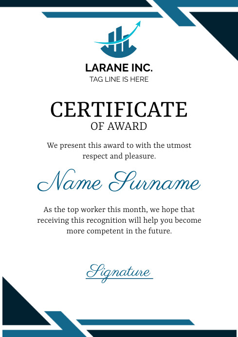 White and Teal Modern Award Certificate Template | PosterMyWall