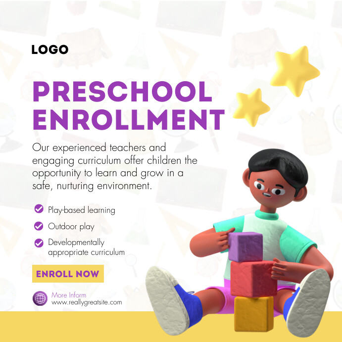 White and Yellow Modern Preschool Enrollment Template | PosterMyWall