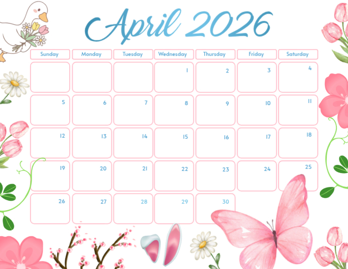 White april calendar 2026 flyer (us letter) Template | PosterMyWall