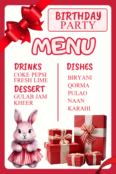 White Birthday Party Menu Poster Template | PosterMyWall