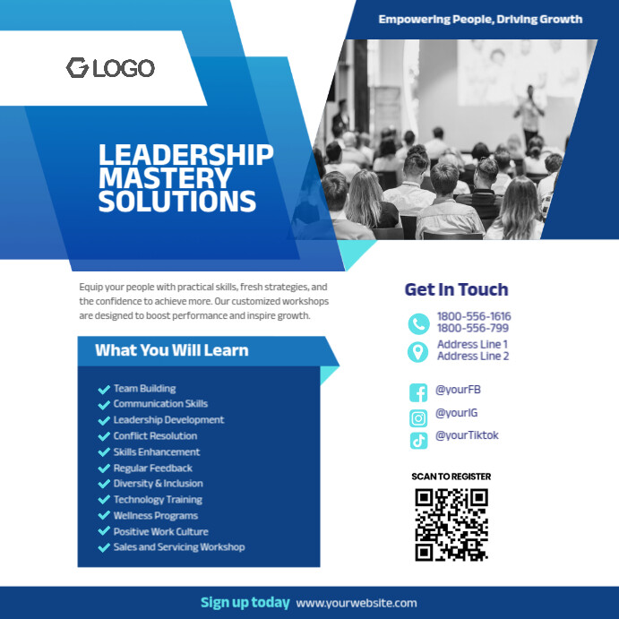 Plantilla de White Blue Professional Leadership Mastery Solutions Facebook Instagram Post ...