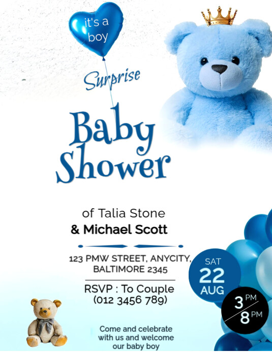 Modèle White Blue Teddy Bear Baby Shower Invitation For Boy – Editable ...