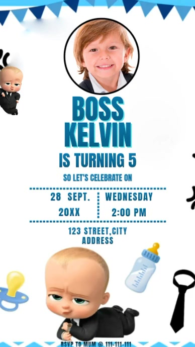White BOSS BABY Birthday Invitation Digital Display Video Template ...