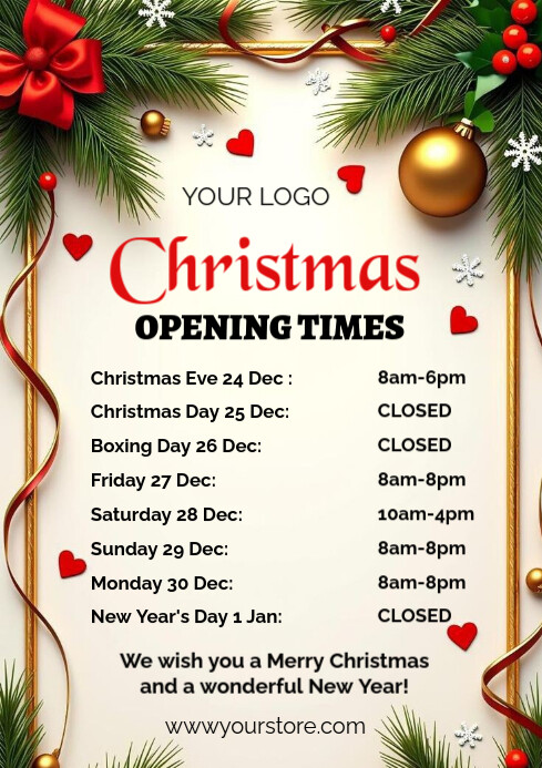 White Christmas Opening Times A2 Template | PosterMyWall