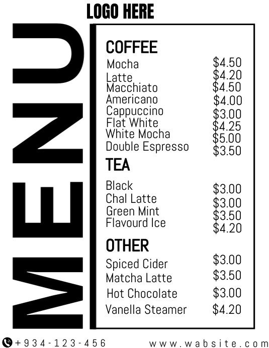 Plantilla de White Coffee Menu Template Flyer (us Letter) | PosterMyWall