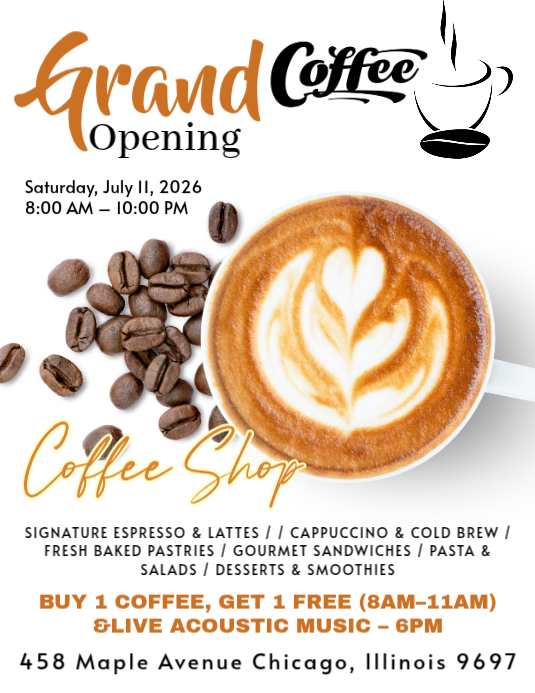 White Coffee Shop Grand Opening Flyer Template | PosterMyWall