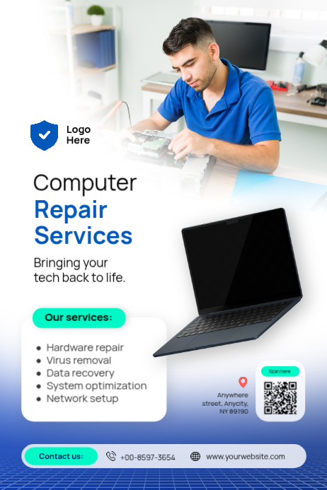 White Computer Repair Services Poster Template | PosterMyWall