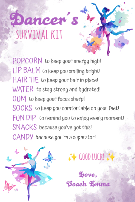 White Dancer's Survival Kit, Dance Mom Coach Template | PosterMyWall