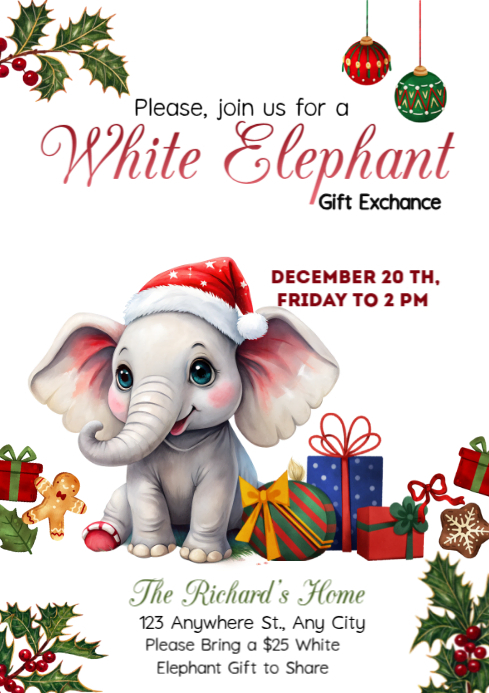 White Elephant Gift Exchange Invitation Template | PosterMyWall