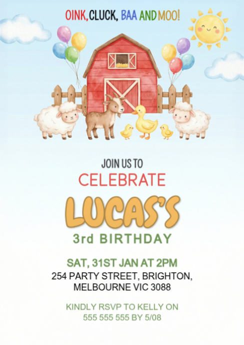 White Farm Animal Birthday Party A6 Template | PosterMyWall