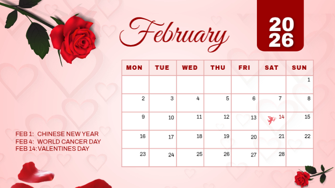 White Febraury Calendar 2026 Digital Display (16:9) Template | PosterMyWall