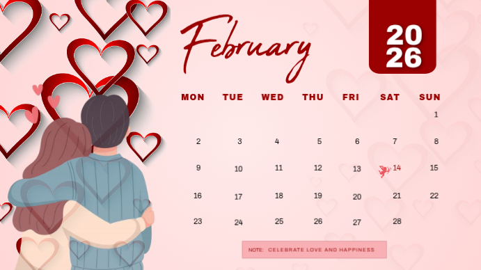 White February 2026 Valentine Theme Calendar Digital Display (16:9 ...