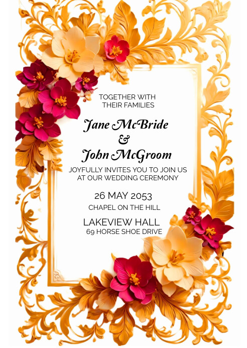 White Floral and Gold Wedding Card A6 Template | PosterMyWall