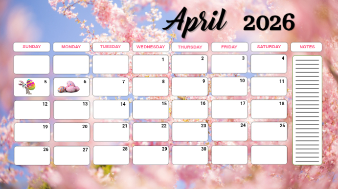 White floral april 2026 calendar digital display Template | PosterMyWall