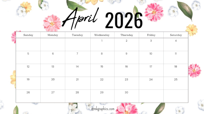 Plantilla de White Floral April 2026 Calendar Presentation | PosterMyWall
