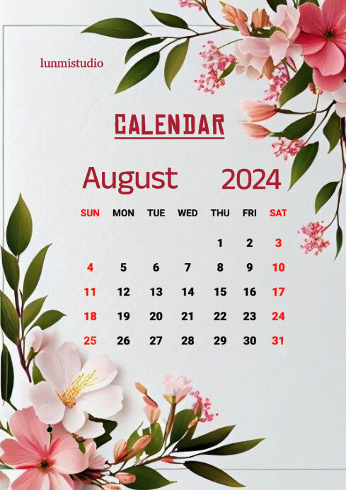 White Floral August Calendar A4 Templat | PosterMyWall