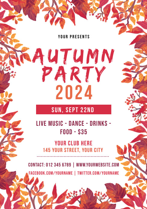 White Floral Autumn Party 2024 A4 เทมเพลต | PosterMyWall