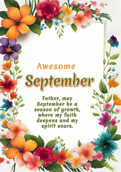 White Floral Awesome September A4 Template | PosterMyWall