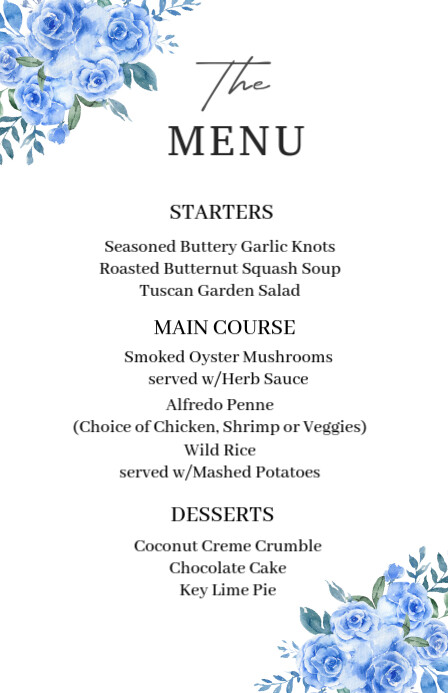 Copy of White Floral Blue Wedding Menu, Bridal Shower Menu With Blue Flowers Half Page Wide ...