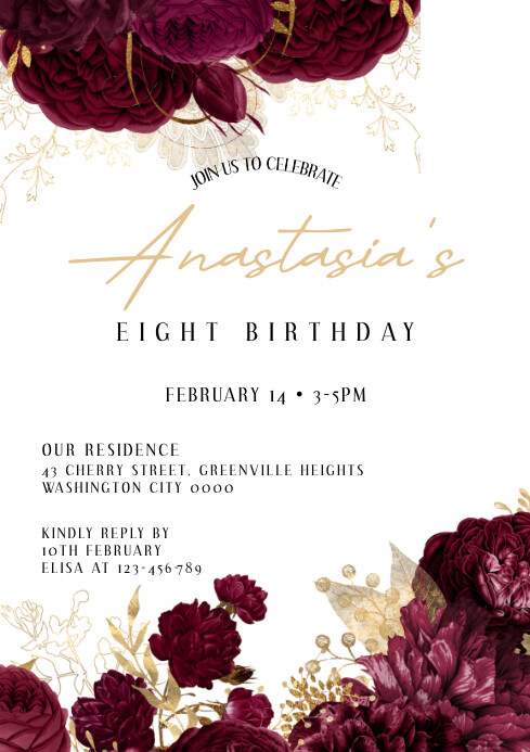 White Floral Burgundy Birthday Invitation A4 Template | PosterMyWall