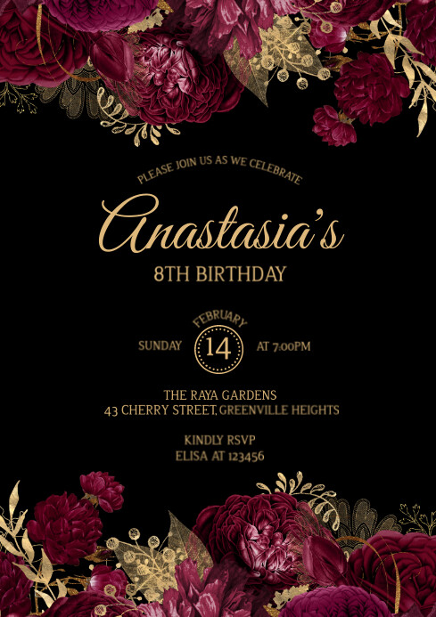 Szablon White Floral Burgundy Birthday Invitation A4 | PosterMyWall