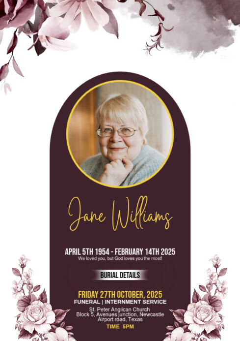 White Floral Burial Invitation Flyer Template A4 | PosterMyWall