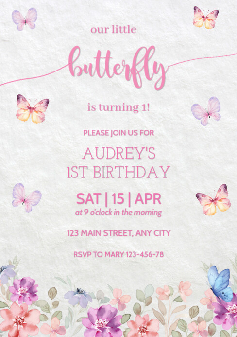 White Floral Butterfly Theme Birthday Invitation Poster Template ...