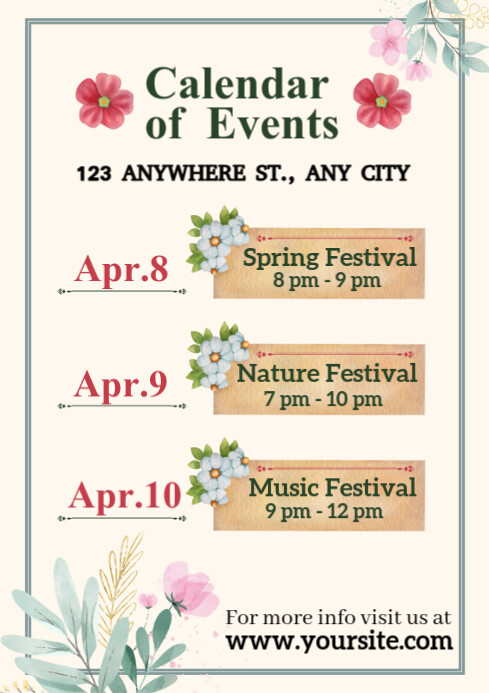 White Floral Calendar Of Events A2 Template | PosterMyWall