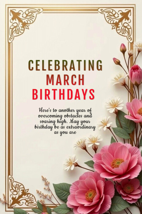 White Floral Celebrating March Birthdays Banner 4' × 6' Template ...