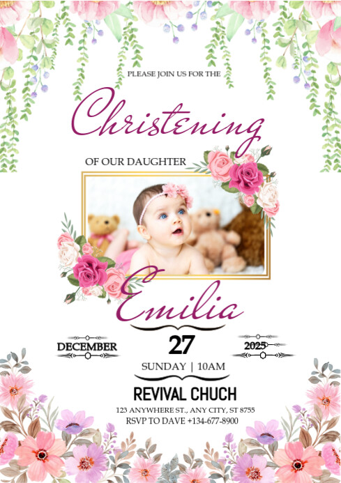 White Floral Christening A4 Template | PosterMyWall