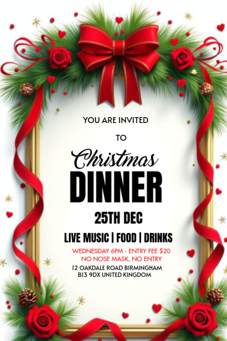White Floral Christmas Dinner invitation Poster Template | PosterMyWall