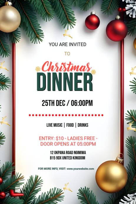 White Floral Christmas Dinner Invitation Poster Template | PosterMyWall