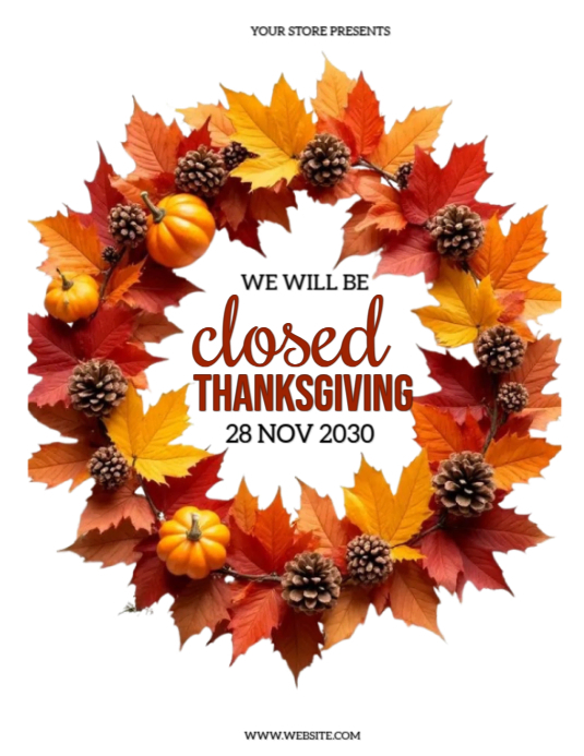 White Floral Closed For Thanksgiving Flyer (us Letter) Template ...