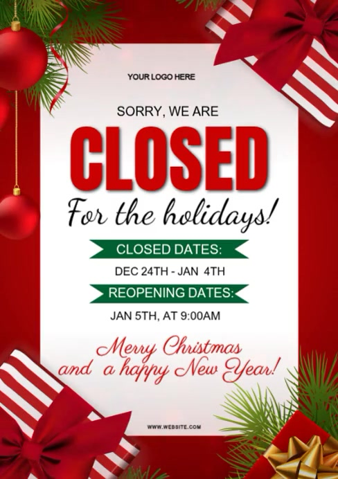 Plantilla de White Floral Closed Notice For Christmas Celebration A4 ...