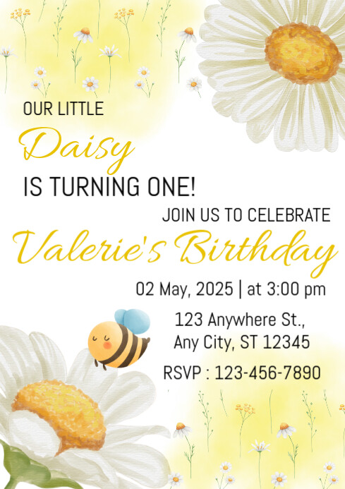 White Floral Daisy Birthday Invitation A4 Template | PosterMyWall