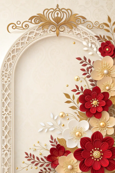 White Floral Elegant Arch Frame With Red And Gold Flowe Poster Template ...