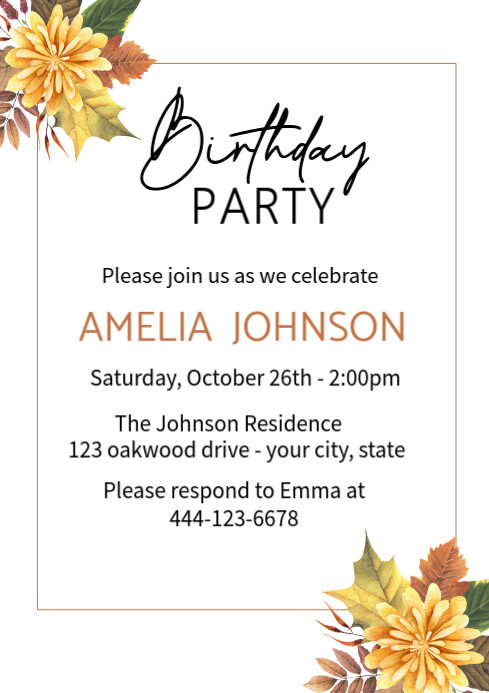White Floral Fall Autumn Birthday Party Invitation Template A4 ...