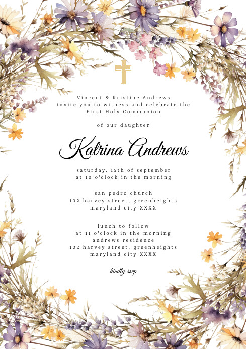 White Floral First Holy Communion Invitation Template | PosterMyWall
