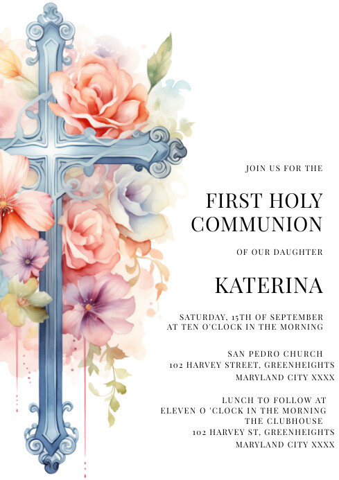 White Floral First Holy Communion Invitation Template | PosterMyWall