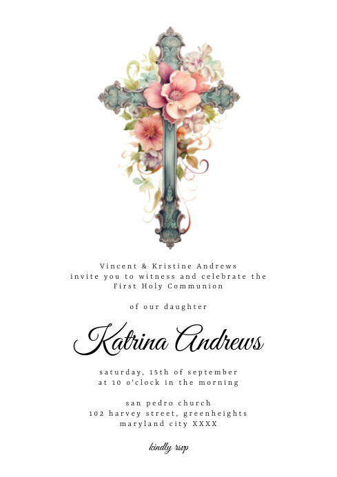 White Floral First Holy Communion Invitation Template | PosterMyWall