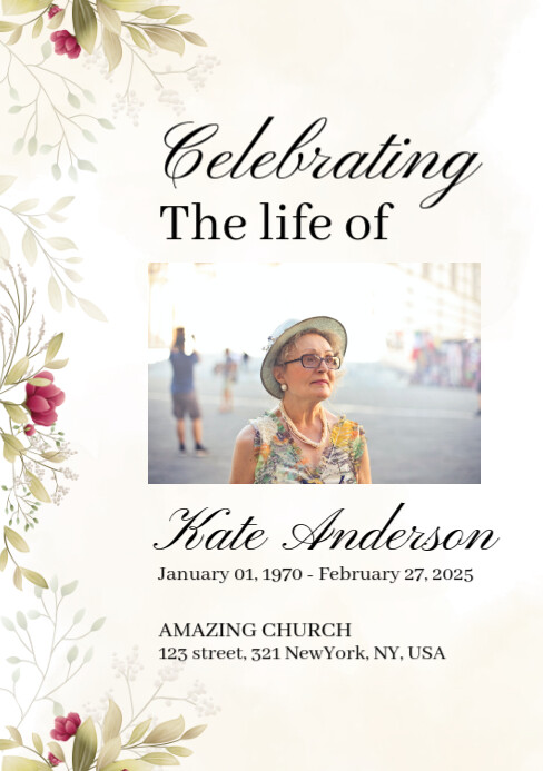 White Floral Funeral Program A5 Template | PosterMyWall