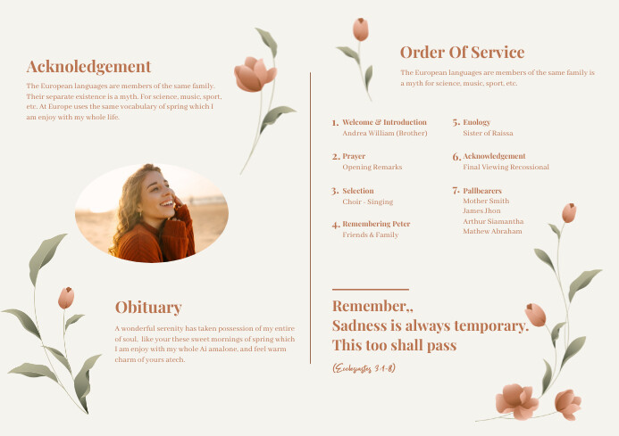 White Floral Funeral Program Brochure Templa Template | PosterMyWall