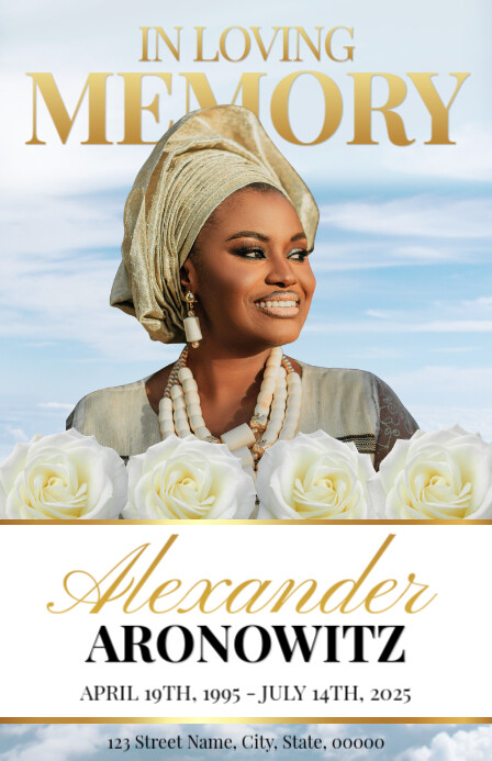 White Floral Funeral Program Half Page Wide Template | PosterMyWall