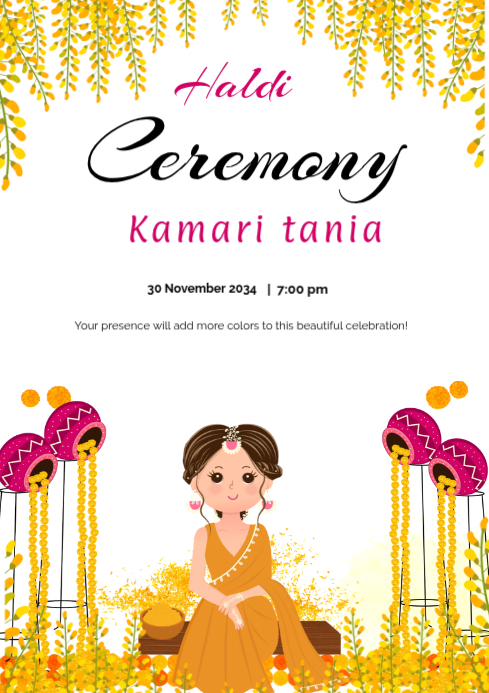 White Floral Haldi Ceremony Invitation A4 Template | PosterMyWall