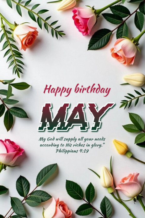 White Floral Happy Birthday May Banner 4' × 6' Template | PosterMyWall