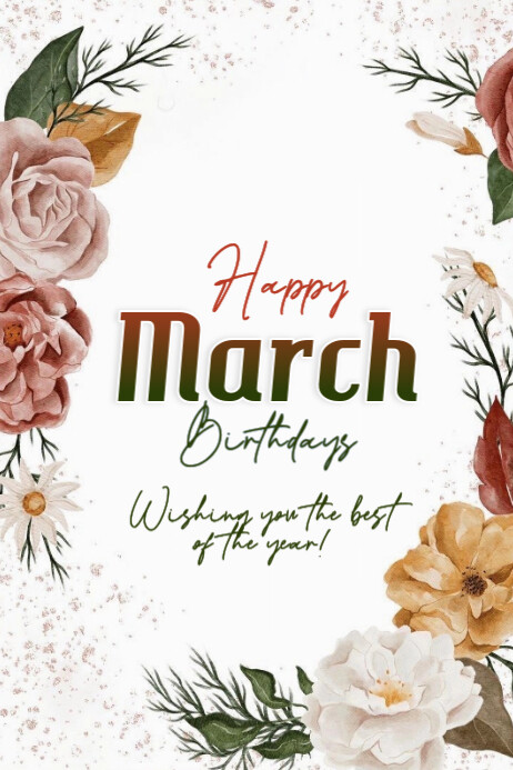 White Floral Happy March Birthdays Banner 4' × 6' Template | PosterMyWall