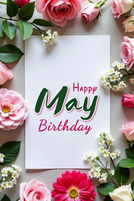 White Floral Happy May Birthdays Banner 4' × 6' Templat | PosterMyWall